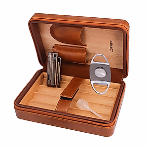 AMANCY Elegant Handmade Brown Leather Cedar Wood Lined 4 Cigar Humidor Case with 3 Triple Jet Flame Cigar Lighter and Cutter，Suitable for Holding Big and Fat Cigars