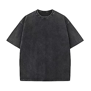 KEEPSHOWING Men's Cotton T-Shirts Oversized Unisex Short Sleeves Casual Loose Wash Solid Basic Tee Tops(A-Black XL)