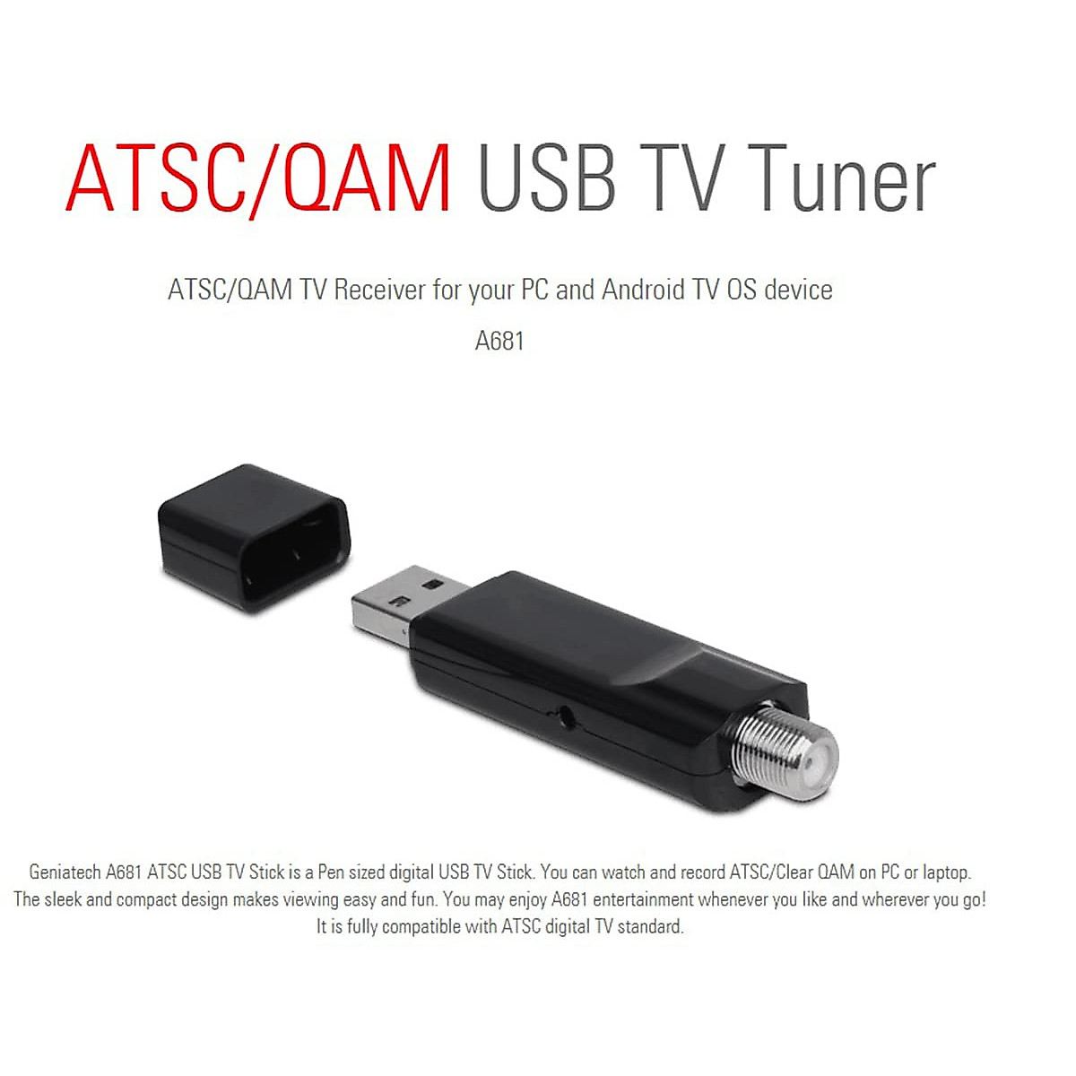 Mygica A681B USB 2.0 TV Tuner Card, ATSC HD Digital External HDTV Tuner Stick Dongle Adapter for Window, Linux, for PC Computer Laptop