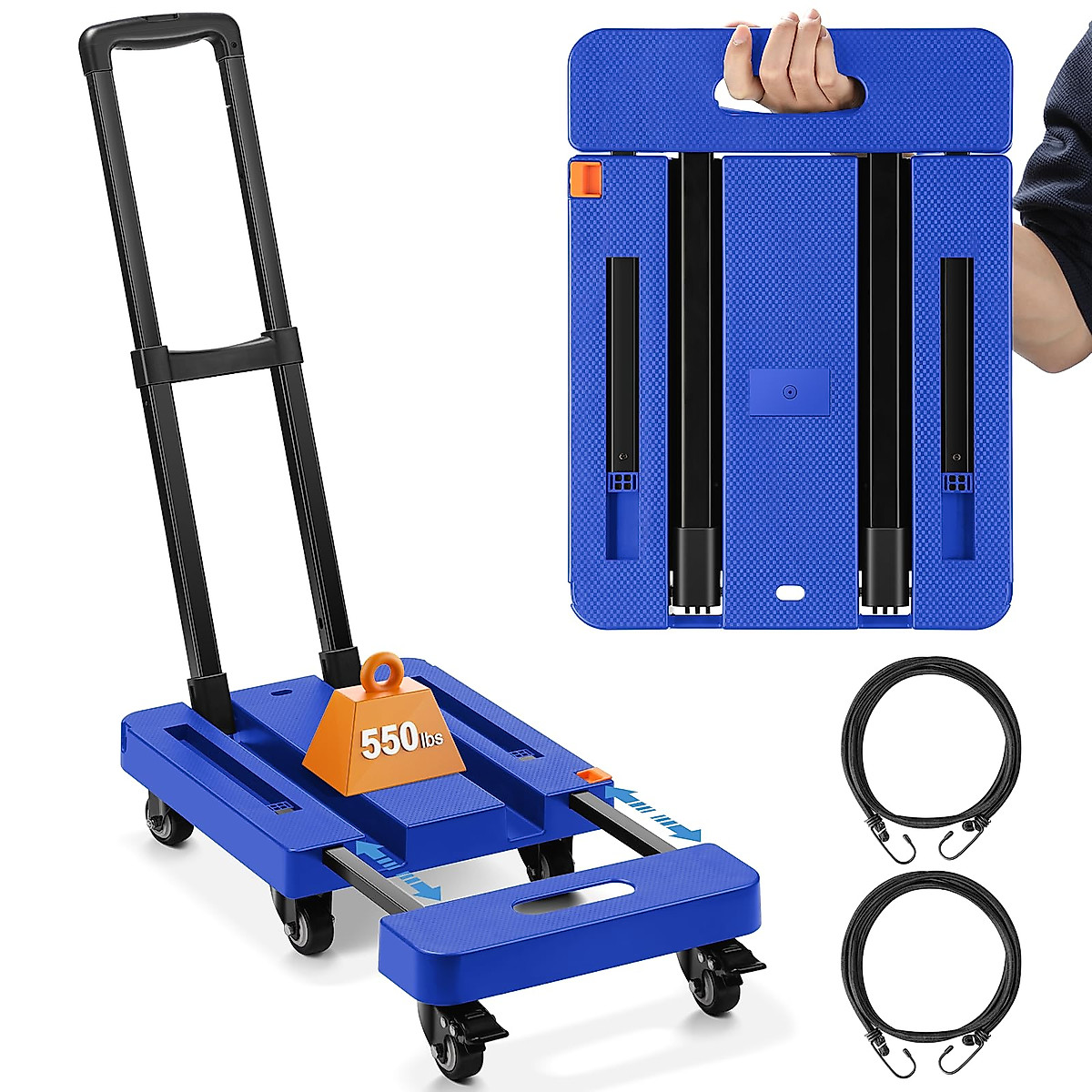 Homaisson Folding Hand Truck, Heavy Duty Dolly Cart for Moving, 550 LBS Hand Truck with 6 Wheels & 2 Rope for Luggage, Moving, Shopping, Office Use (Blue)
