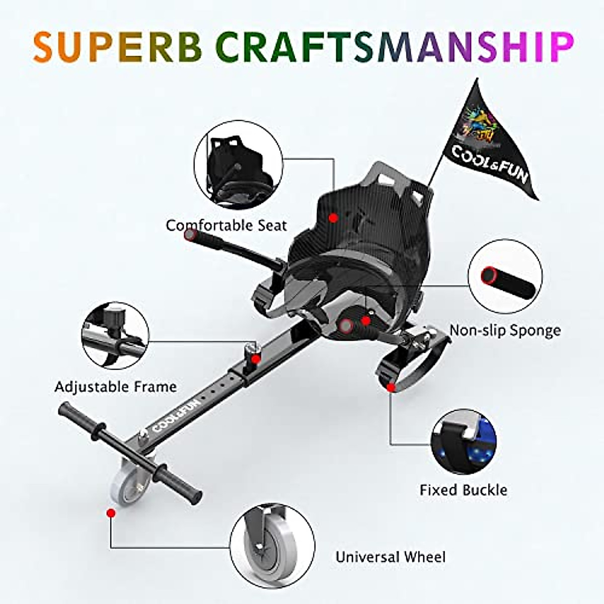 COOL&FUN Hoverboard Seat Attachment Go Kart Adjustable Frame Length Accessory for 6.5''8''10',Hoverboard Accessories for self Balancing Scooter