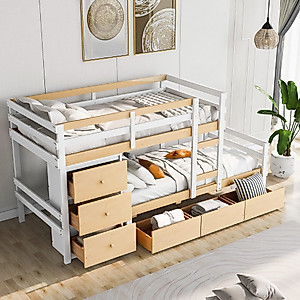 Bellemave Low Loft Bed with Storage Drawers and Dresser, Wood Twin Over Twin Bunk Bed Frame for 2 Kids, Modern Junior Loft Beds with Storage and Platform Bed for Boys Girls Teen,White With Natural