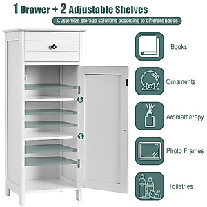 DORTALA Bathroom Floor Cabinet, Free-Standing Wooden Floor Storage Cabinet w/Large Drawer & 2 Adjustable Shelves, Morden Side Storage Bathroom Organizer Cabinet for Kitchen Living Room, White