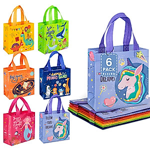 JOHOUSE 6PCS Reusable Gift Bags with Handles, 8x3.5x8 inches Assorted Gift Wrap Bags Large Gift Bags with Super Cute Patterns for Birthdays, Baby Showers, Bridal Showers & Other Occasions