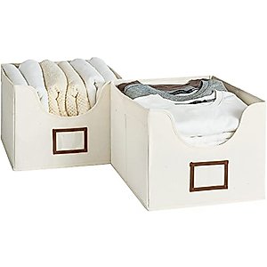 StorageWorks Closet Storage Bins, Open Front Cube Storage Bins with Cutout Window and 2 Handles, Foldable Fabric Clothes Organizer, Large, Beige, 2-Pack