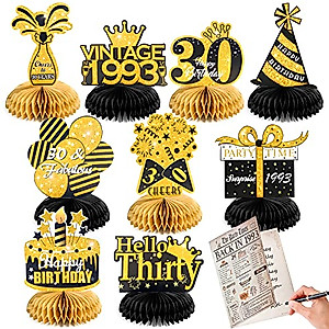 10Pcs 30th Birthday Decorations Men,30th Birthday Centerpieces for Tables Decorations for Women, Black Gold Cheers to 30 Years Honeycomb Table Topper with Vintage 1993 Guest Book Signing Board.