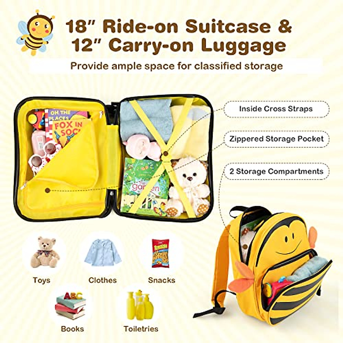 BABY JOY 2PC Kids Luggage Set, 4 in 1 Toddler 18” Ride-on & Carry-on Hardshell Suitcase with Wheels, Anti-Lose Rope, 12” Backpack Set, Lightweight Travel Rolling Trolley for Boys Girls (Cute Bee)