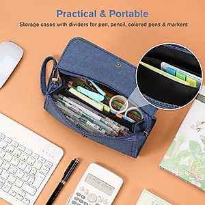 FINPAC Big Capacity Pencil Case, Pen and Marker Holder Organizer Bag, Canvas Pencil Box Stationery Pouch w/Zipper and Wrist Strap for Adults Artist College Senior, Navy