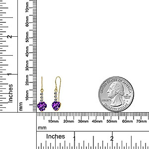 Gem Stone King 14K Yellow Gold Purple Amethyst and White Diamond French Wire Dangle Hook Earrings For Women (1.68 Cttw, Gemstone February Birthstone, Heart Shape 6MM)