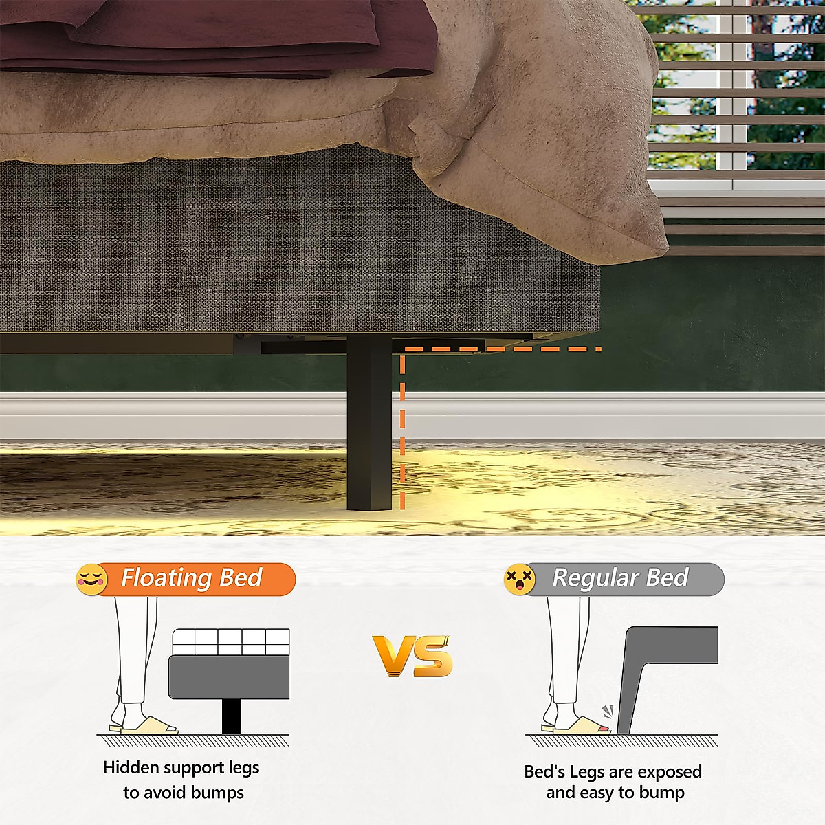 Full Size Floating Bed Frame with Charging Station,RGB Light,2-Tier Upholstered Headboard & 2 Hidden Storage Space,Heavy Duty Slat Support,Sturdy & Stable,Line Tufted, No Box Spring Needed, Dark Gray