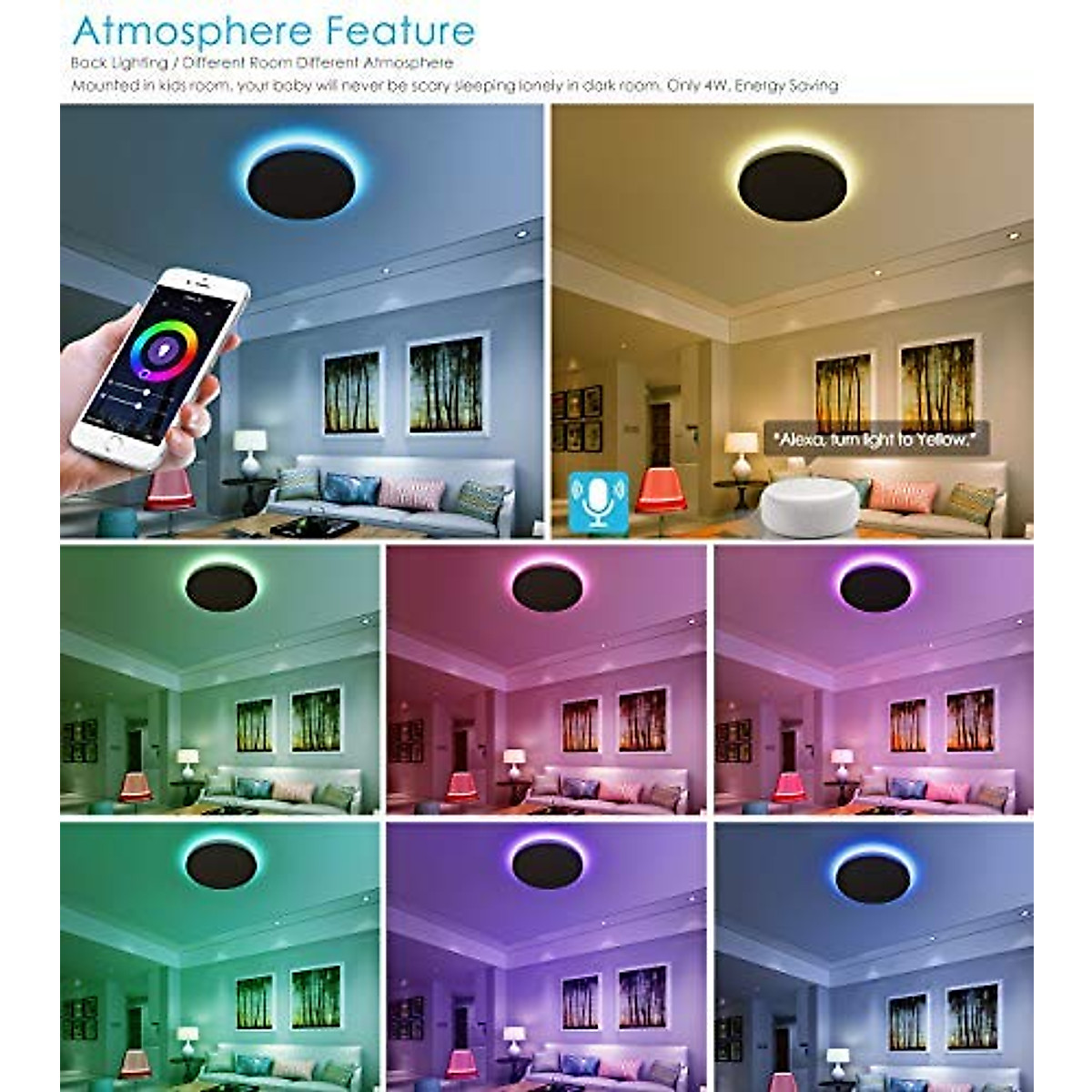 TALOYA Smart Ceiling Light Flush Mount LED WiFi, Compatible with Alexa Google Home, Dimmable Low Profile Ambient Light Fixture for Bedroom Living Room,12 Inch 24W