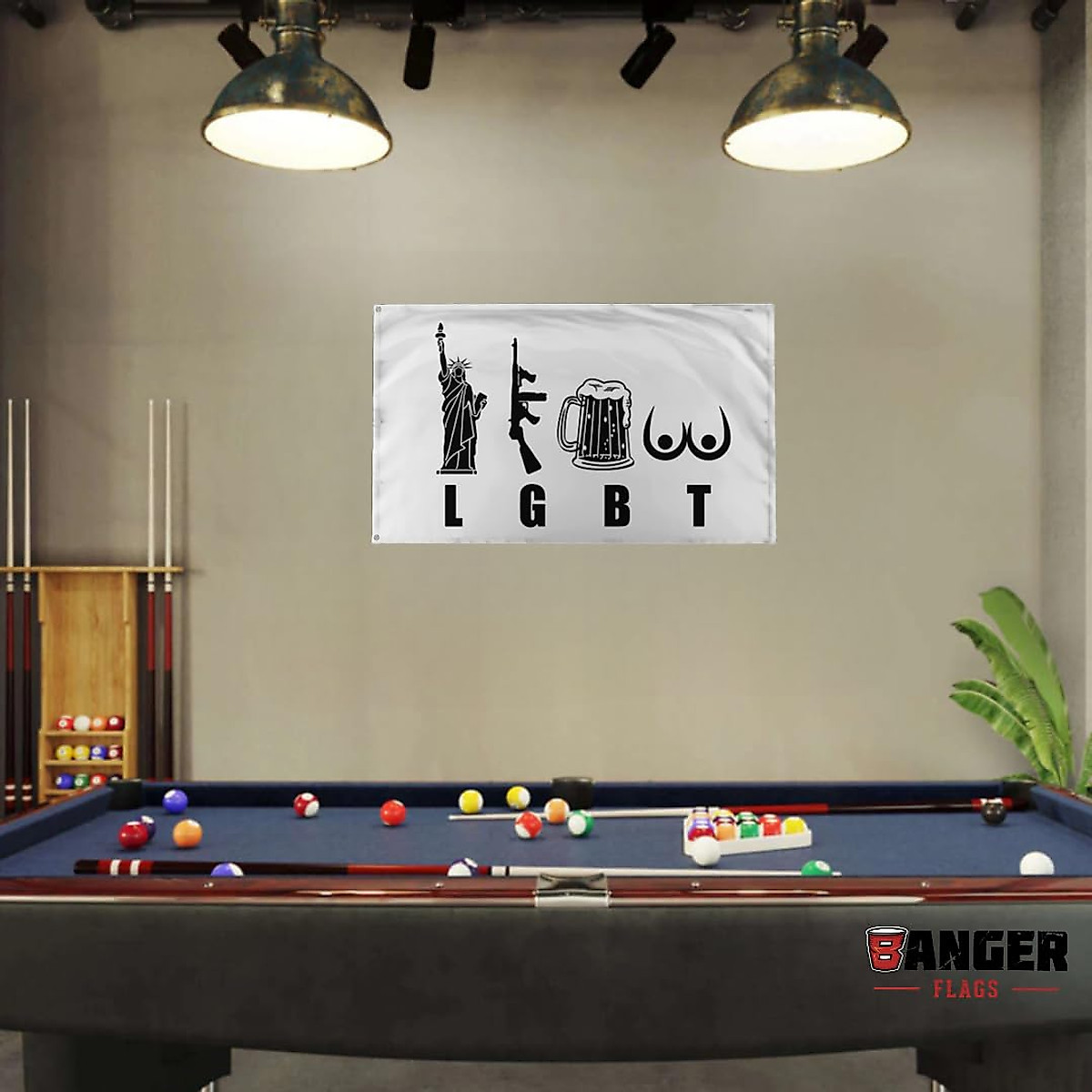 Banger - LGBT - Liberty Guns Beer Tits Motivational Inspirational Office Gym Wall Dorm Decor Design on a 3X5 Feet Flag with 2 Grommets for Easy Outdoor Hanging. Authentic BANGER FLAG