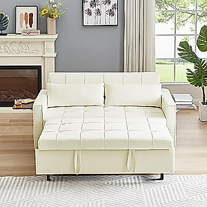 3 in 1 Convertible Sofa Bed Pull Out Couch Sleeper Modern Velvet Loveseat Couch Futon Sofá Bed w/Reclining Backrest,Side Coffee Table,2 Pillows,Lounge Sofa for Living Room Apartment Home Office,White
