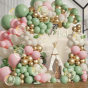 Sage Green Pink Balloon Arch Kit, Olive Green Light Pink Sand White Blush Metallic Gold Balloons with Gold Confetti Balloons for Girl Birthday Woodland Baby Shower Jungle Safari Decorations…