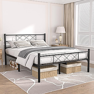 VECELO Full Size Bed Frame with Headboard, Heavy-Duty Platform/Mattress Foundation with Metal Slats Support, No Box Spring Needed/Easy Assembly, Matte Black