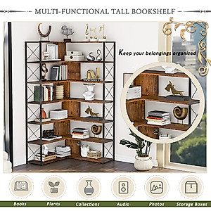 Corner Bookcase, 7-Tier L-Shaped Tall Bookshelf with Open Storage, Freestanding Industrial Etagere Shelf with Metal Frame for Home Office Funiture, Brown