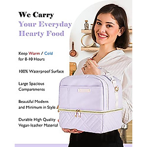 GLORIEROO® Lunch Bag Women Men, Large Insulated Lunch Box Tote Cooler - Stylish Vegan Leather 2 Tier Lunch Bag with Adjustable Shoulder Strap for Adults Travel Work, Purple