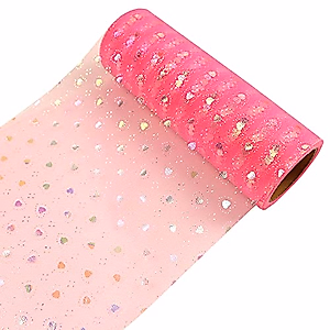 Yuanchuan Magic Heart Glitter Tulle Rolls 6 inch x 10 Yards (30 feet) for Table Runner Chair Sash Bow Pet Tutu Skirt Sewing Crafting Fabric Wedding Unicorn Halloween Party Gift Ribbon (Deep Pink)