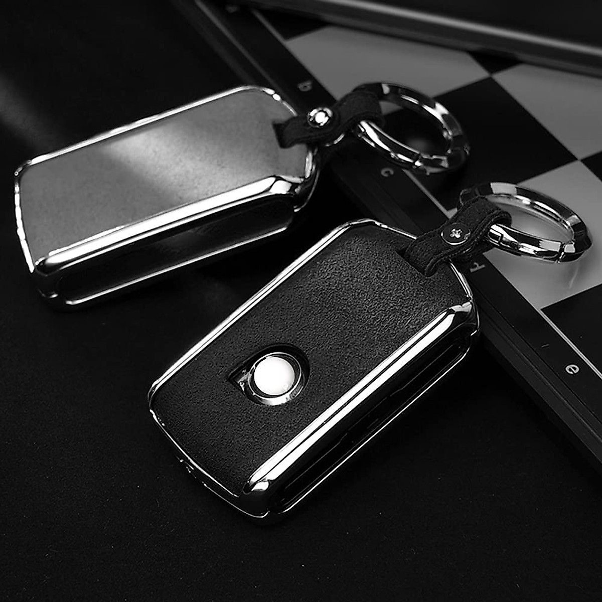 SANRILY 1Pcs Suede Leather Smart Key Fob Cover for Volvo XC90 2018 XC60 S90 V90 2019 2020 Keyless Keychain Holder Full Protection Key Fob Shell Case Black