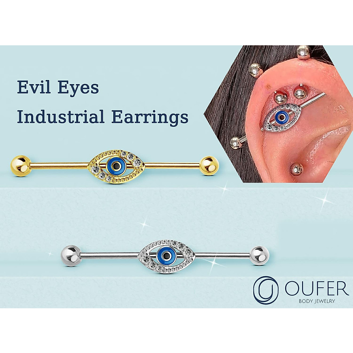 OUFER Eyes Industrial Barbells, 316L Surgical Steel Industrial Earrings, Clear CZ Paved 14G Gold Industrial Piercing Jewelry, Cartilage Earrings
