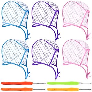 Waydress 6 Pieces Highlight Hair Cap Salon Hair Coloring Highlighting Dye Tipping Cap Frosting Caps with 4 Pieces Highlighting Needles Crochet Hooks for Dyeing Hairdressing Tool(Purple/Blue/Pink)