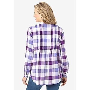 Woman Within Women's Plus Size Pintucked Flannel Shirt - 2X, Vivid Red Buffalo Plaid