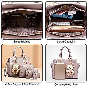4Pcs Handbag Set for Women, PU Leather Tote Shoulder Bags Top Handle Satchel Bag Purse Clutch Card Holder with Bear Pendant (Pink)