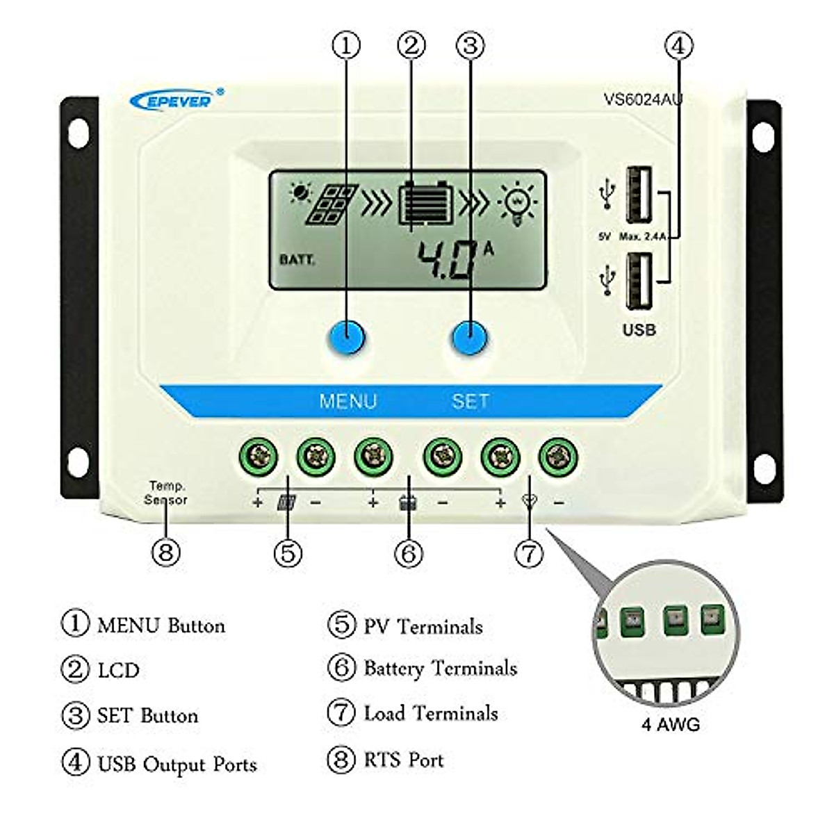 EPEVER 60A Solar Charge Controller 12V/24V, 60 amp Solar Regulator with Load Timer, Max 720W/12V, 1440W/24V Input, Dual USB 5V, fit for Lead-Acid Batteries