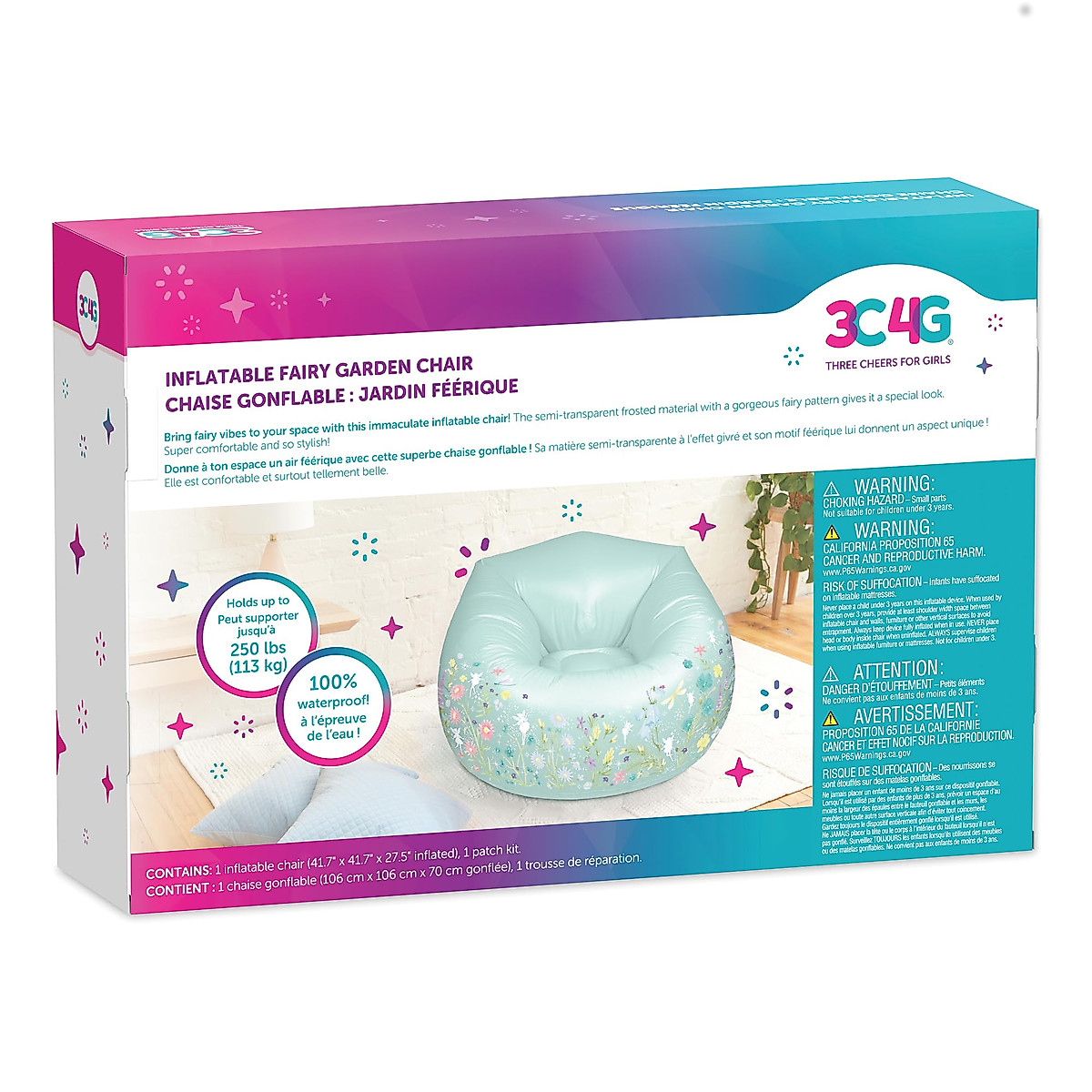 Make It Real 3C4G: Inflatable Fairy Garden Chair - Comfortable & Portable Blow Up Chair, Perfect for Outdoors & Indoors, Tweens, Girls & Kids Ages 8+, Three Cheers for Girls