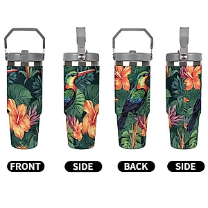 BWQJKUO Large Capacity Car Cup 30 Oz Stainless Steel Tropical Plant Bird Flowers Printed Travel Mug Leak-proof Flip Straw Tumbler with Handle,keeps Cold Or Ho