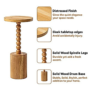 LONYKE Rustic Wood Drink Table, Round Martini Table Farmhouse Pedestal End Table with Base for Small Space Living Room, Bedroom, Natural Wood