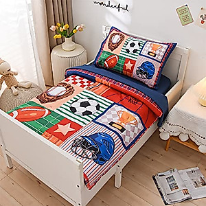 A Nice Night Sports Patchwork for Boys Basketball Baseball Rugby Soccer Printed Toddler Bedding Set,Includes Comforter, Flat Sheet, Fitted Sheet and Pillowcase, Navy