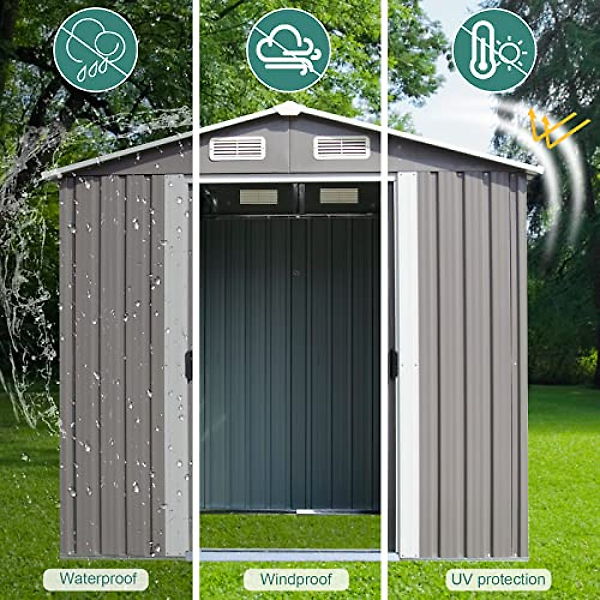 Steel Garden Storage Shed 6' x 4' - Utility Tool House with Vents Garden Storage House Metal Shed for Patio (Grey)