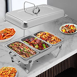 LOHISHILO Stainless Steel Chafing Dish with 3 Food Pans Catering Buffet Warmer Tray Party Foldable Frame Buffet Set, for Party, Restaurants, Hotels, Schools, Offices, Food Trucks,Cafeterias(Silver)