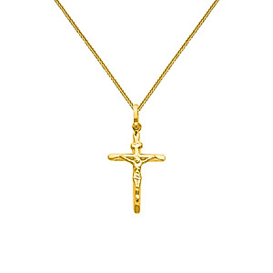 The World Jewelry Center 14k REAL Yellow Gold Crucifix Cross Pendant with 0.8mm Braided Square Wheat Chain Necklace - 24"