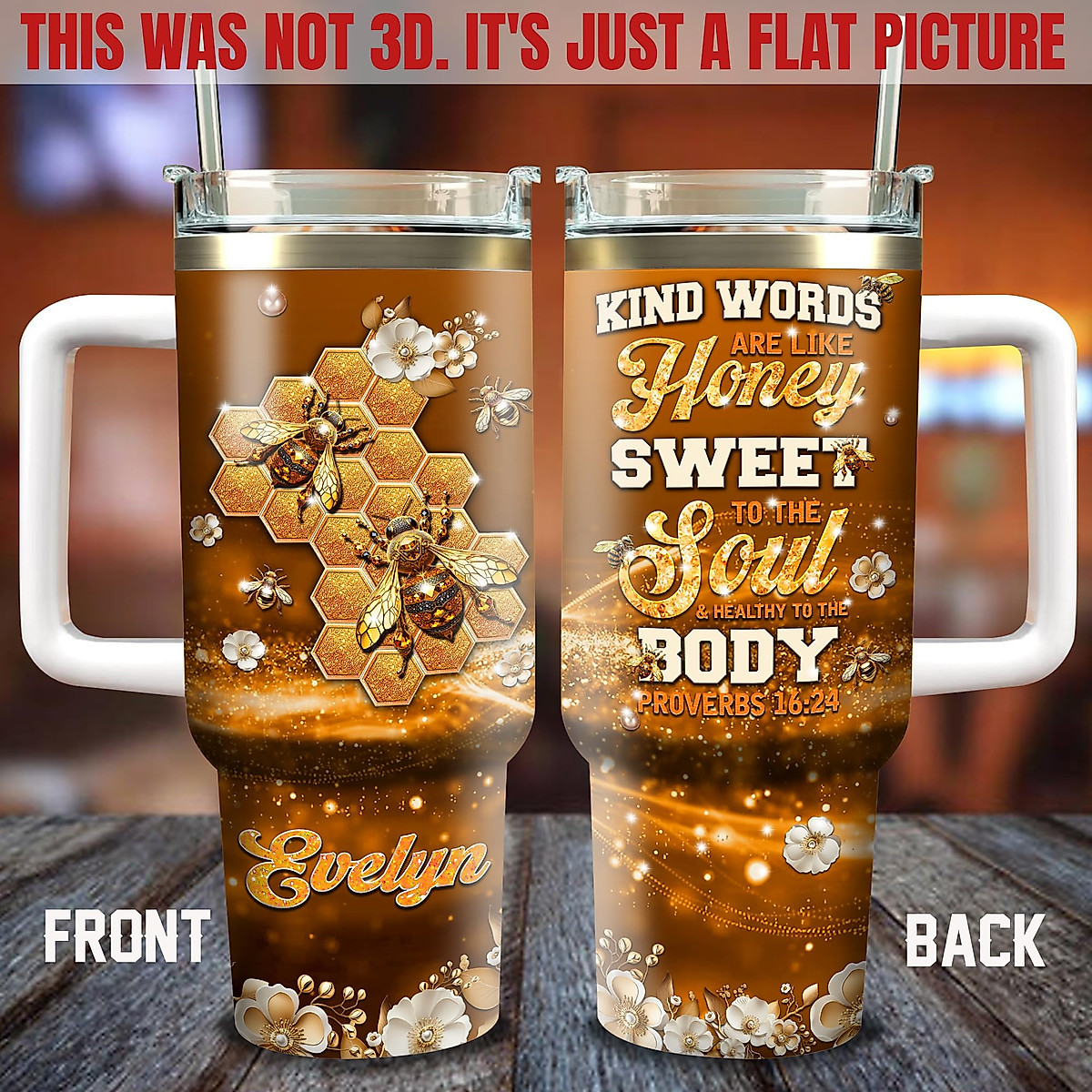 WAZONE Personalized Kind Words Are Like Honey Bee Tumbler Sayings Motivational Customized Name Tumbler 40oz with Handle and Straw Stainless Steel Travel Mug Ideas Gifts Things for Animal Lovers