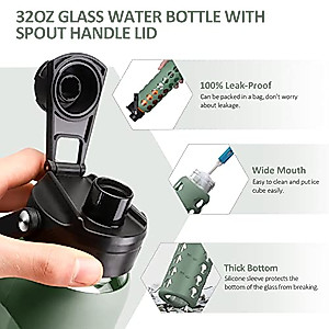 MUKOKO 32oz Glass Water Bottles with 2 Lids-Handle Spout Lid&Bamboo Straw Lid, Motivational Water Tumbler with Time Marker Reminder and Silicone Sleeve, Leakproof-Olive-1 Pack