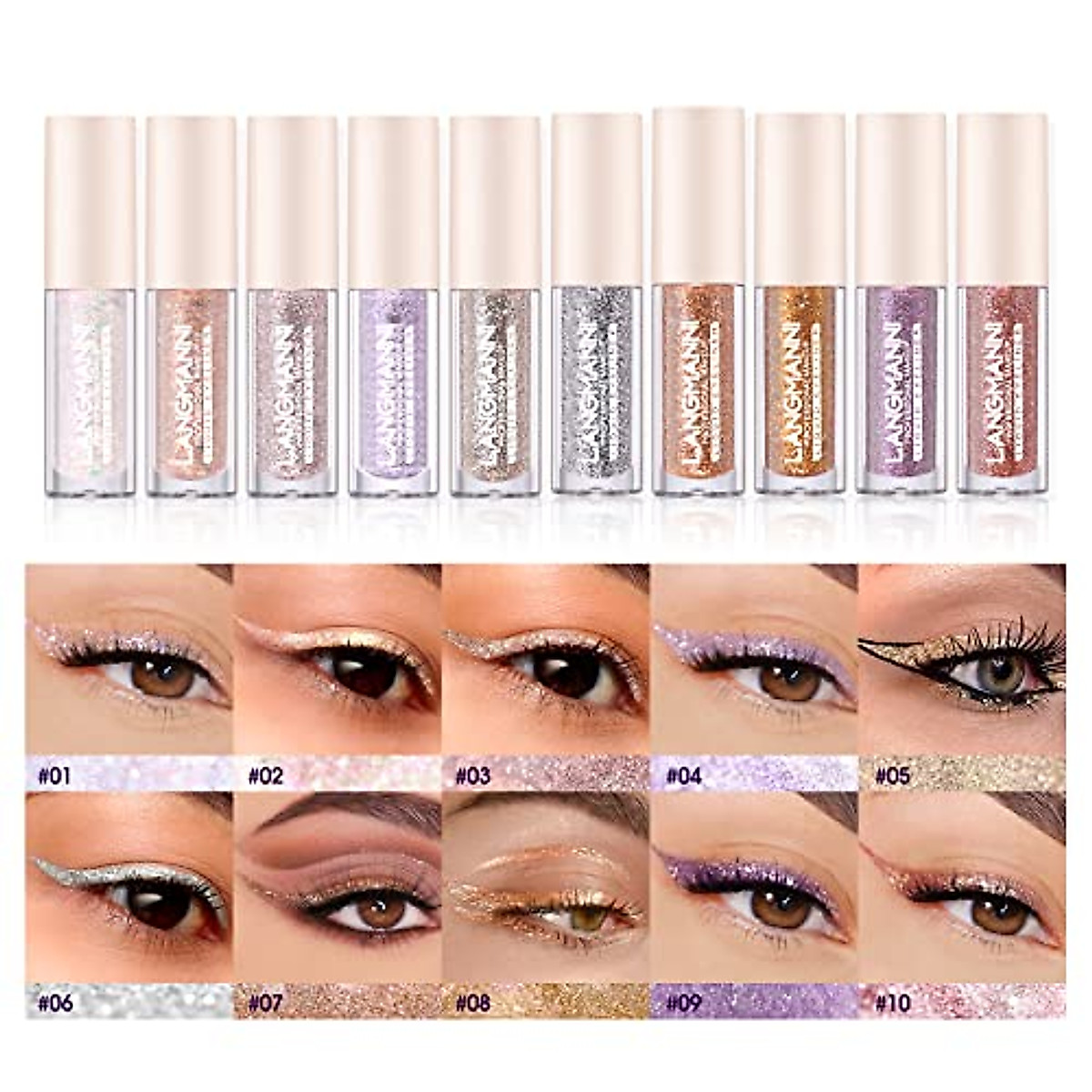 LANGMANNI 10Pcs Liquid Glitter Eyeshadow Korean Makeup Set, Shimmer,Pigmented,Long Lasting,Quick Drying,Easy to Apply Crystals Glitter Eyeshadow (10pcs Set)
