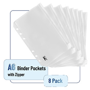 Mr. Pen- A6 Binder Pockets, 8 Pack, 6 Holes, A6 Binder Inserts, A6 Binder Cash Envelopes, Clear Cash Envelopes, Zipper Envelopes, A6 Binder Envelopes, Clear Zipper Pouches for Binders, A6 Zipper Pouch