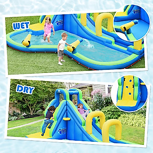 HONEY JOY Inflatable Water Slide, 5 in 1 Water Park Castle Bouncy House w/Water Cannons, Long Slide w/Arch, Indoor Outdoor Blow Up Waterslide Inflatables for Kids and Adults Backyard(Without Blower)