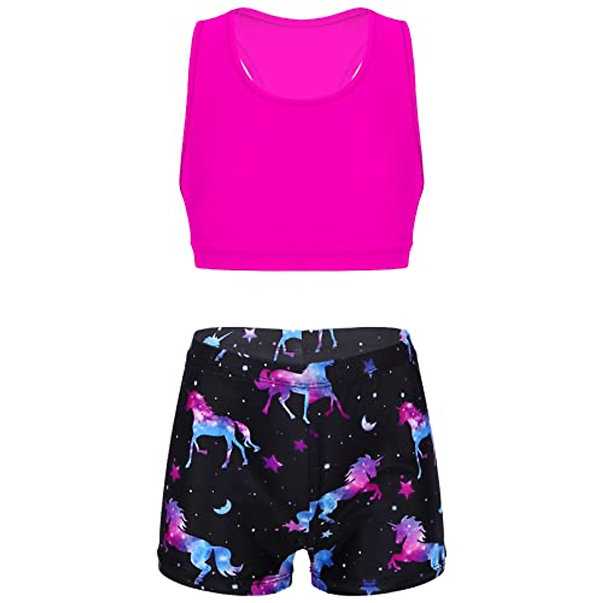 MSemis Girls' Kids 2-Piece Active Set Dance Sport Outfits Racer Back Top and Booty Short Gymnastics Dancing Clothes Night Horse 7-8