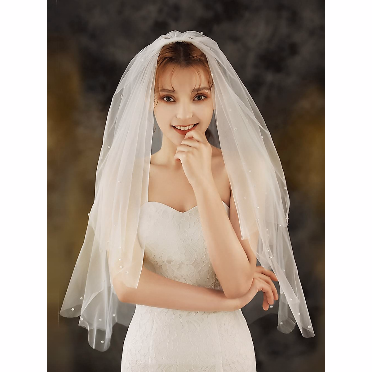 JWICOS 2 Tier Wedding Veil for Brides Short Bridal Tulle Hair Accessories with Comb and Cut Edge Pearl Veil Headband for Bachelorette Wedding Party (White)