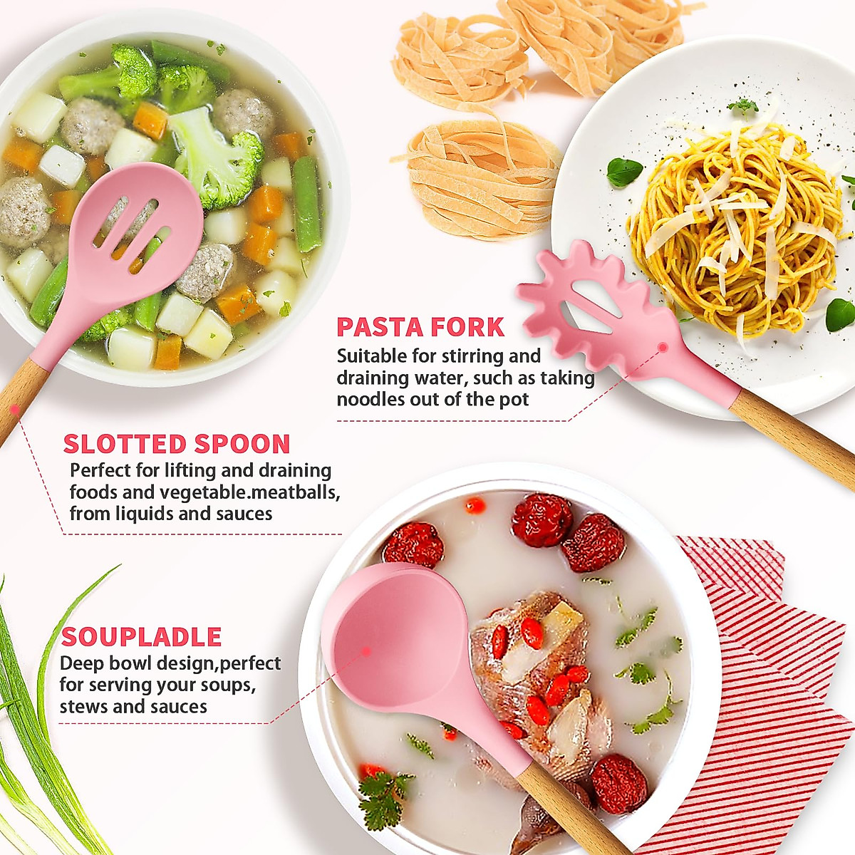 Caliamary Silicone Kitchen Utensil Set, 11 Pieces Cooking Utensil with Wooden Handles, Utensil Holder for Nonstick Cookware, Spoon, Soup Ladle, Slotted Turner, Whisk, Tongs, Brush, Pasta Server (Pink)