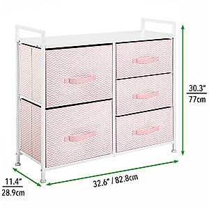 mDesign 30.03" High Steel Frame/Wood Top Storage Dresser Furniture Unit with 5 Removable Fabric Drawers - Tall Bureau Organizer for Bedroom, Living Room, Closet - Spira Collection - Pink/White