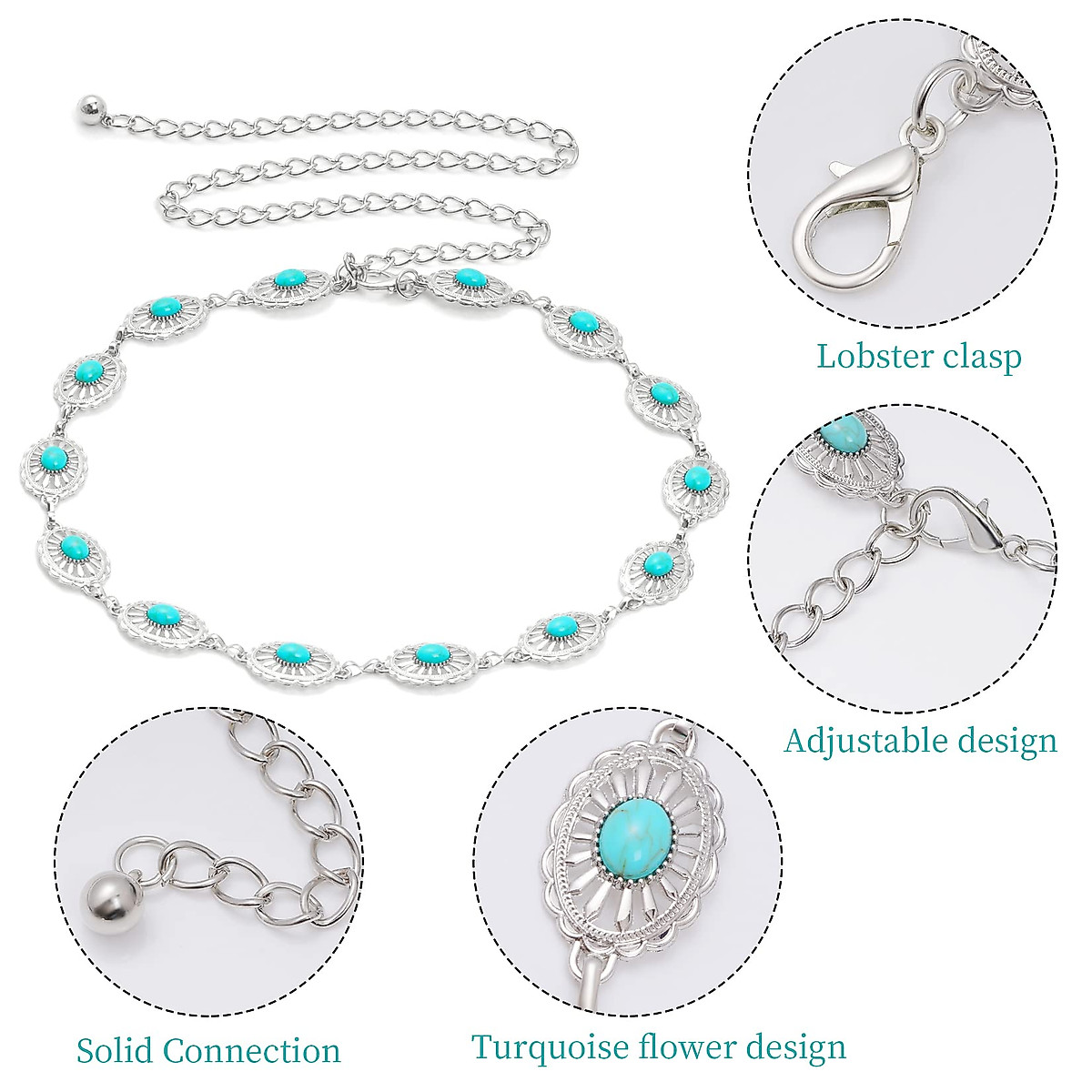 obmwang 2 Pcs Women Concho Western Chain Belts Turquoise Chain Belts Adjustable Metal Waist Belt for Dresses Jeans