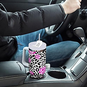 RPLIFE Pink Roses Leopart Print Tumbler Cup, Stainless Steel Coffee Cup, Insulated Cups with Lids, Tumbler for Men