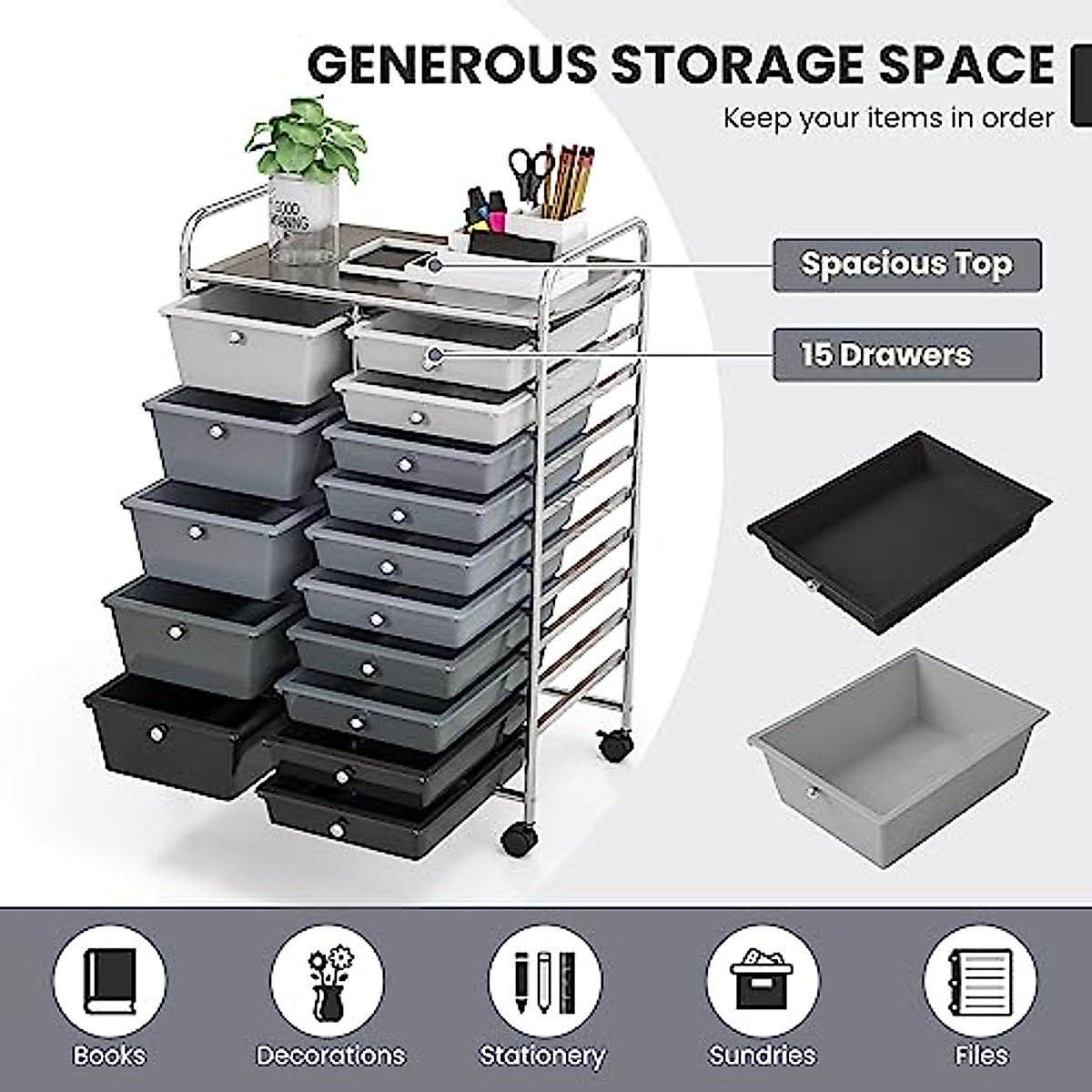 15 Drawer Rolling Storage Cart, Mobile Utility Cart with Lockable Wheels, Drawers, Multipurpose Organizer Cart for Home, Office, School, Gradient Black