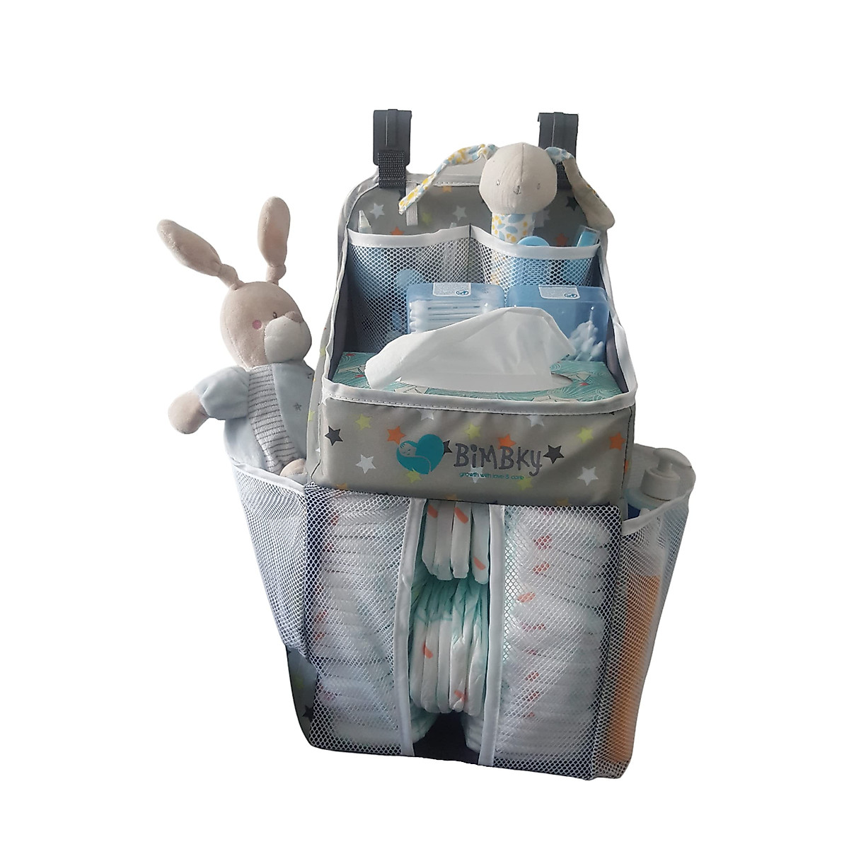BiMBKy Hanging Diaper Caddy Organizer, Grey, Stacker For Crib, Nursery Storage For Changing Table, Practical And Ideal For Newborn Boy And Girl – 17’’ x 10’’ x 10’’