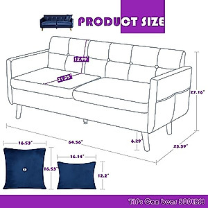 TYBOATLE 65" Modern Velvet Sofa Couch w/ 2 USB, Clear Glass Button Tufted Upholstered Love Seats for Living Room, Apartment, Bedroom (Blue)