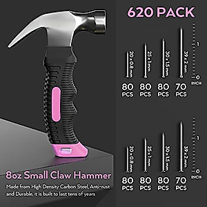 INCLY 620 PCS Small Nails for Hanging Pictures Assortment Kit with 8oz Pink Small Hammer, Mini Hammer Set with Hardware Nails Assorted Set 310 Wall Nails & 310 Finish Nails for Installing with Case